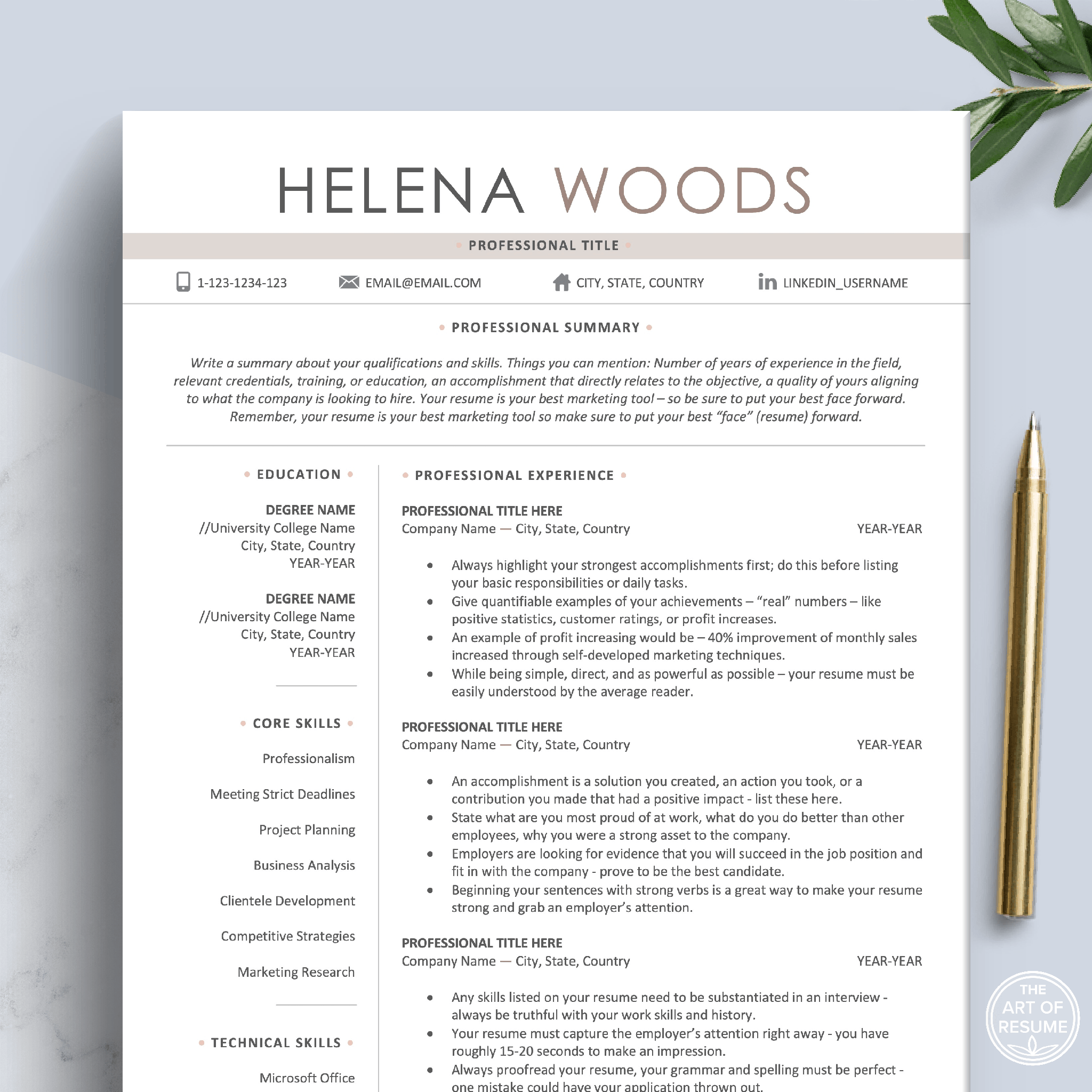 Simple Professional Resume Template | Resume Writing Guide – The Art of ...