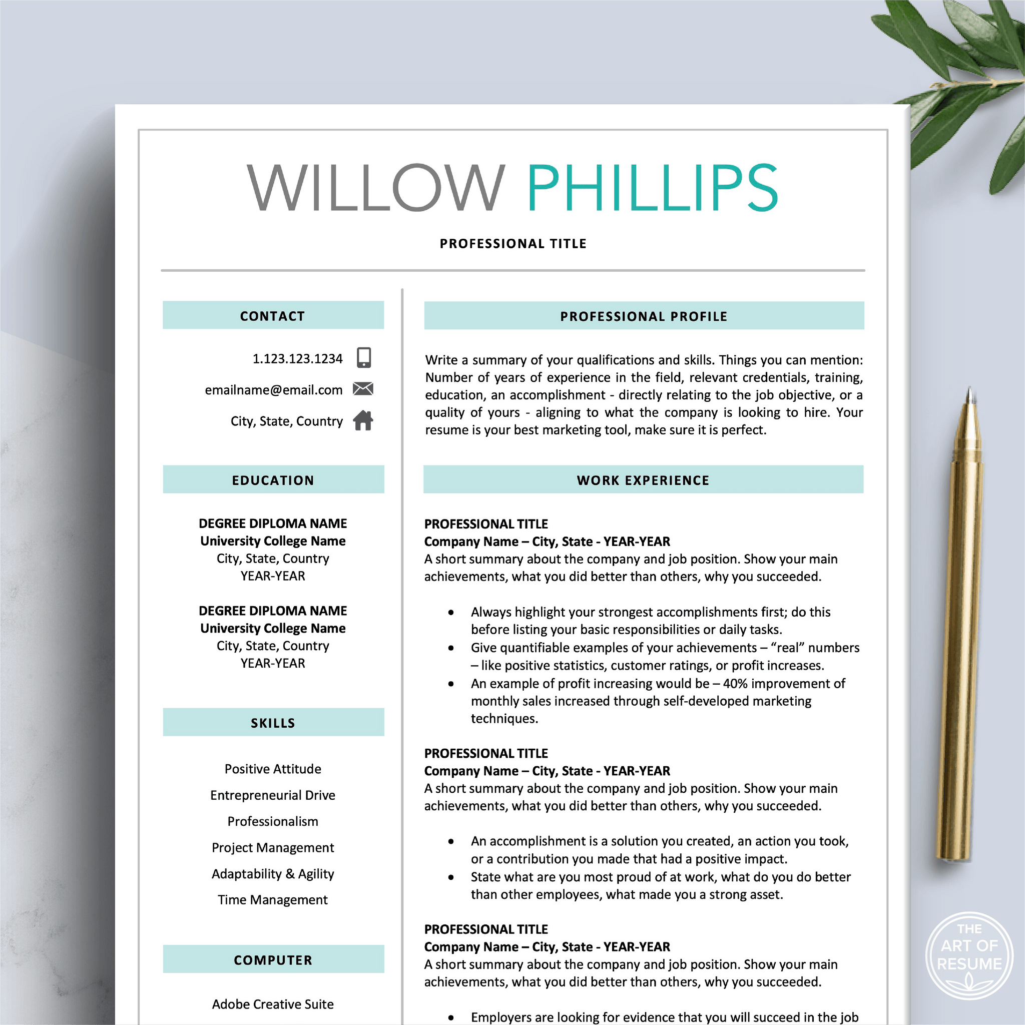 Free Resume CV | Creative Teal Blue Resume Download – The Art of Resume