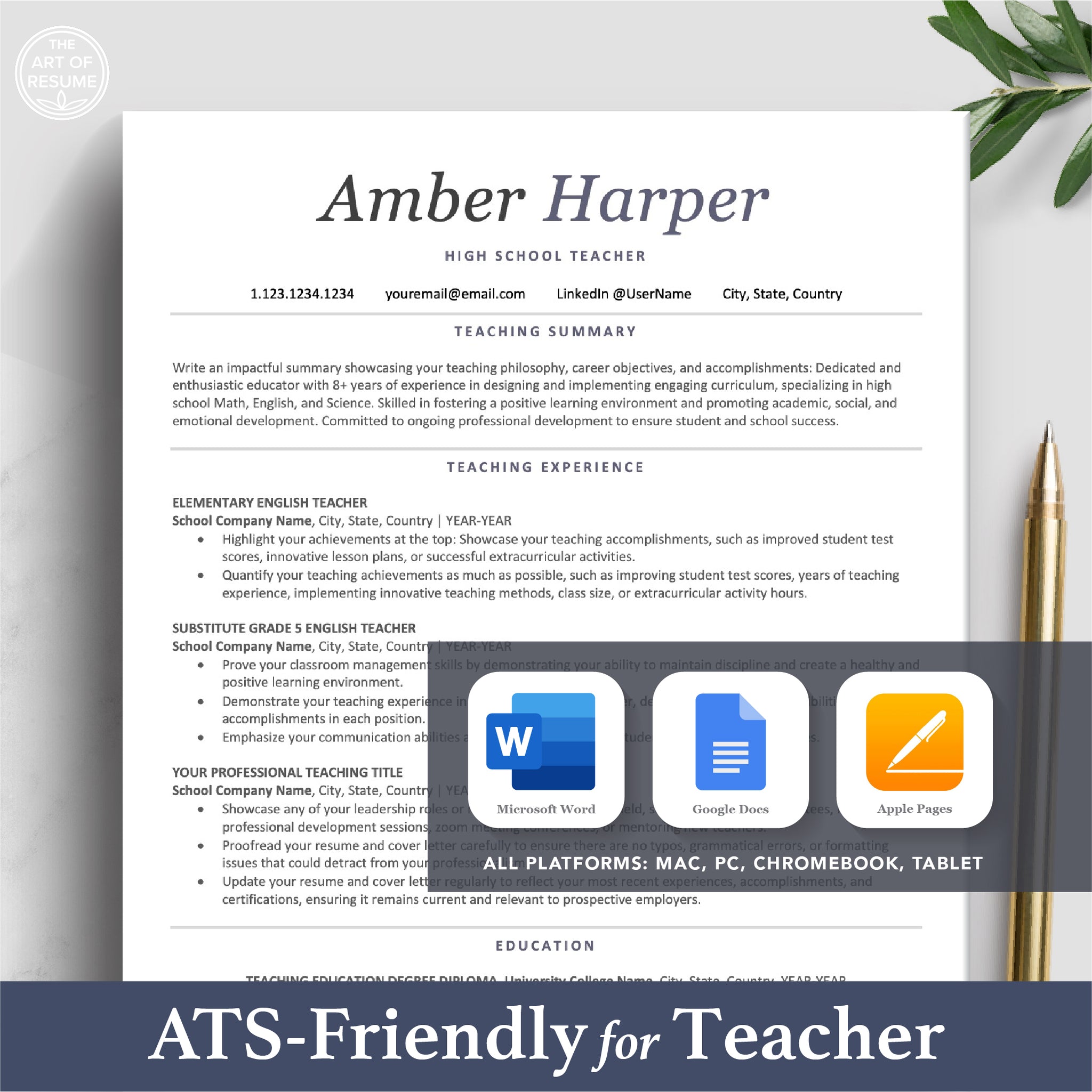 ATS Teacher Resume Templates, ATS-Compatible Educator CV – The Art of ...
