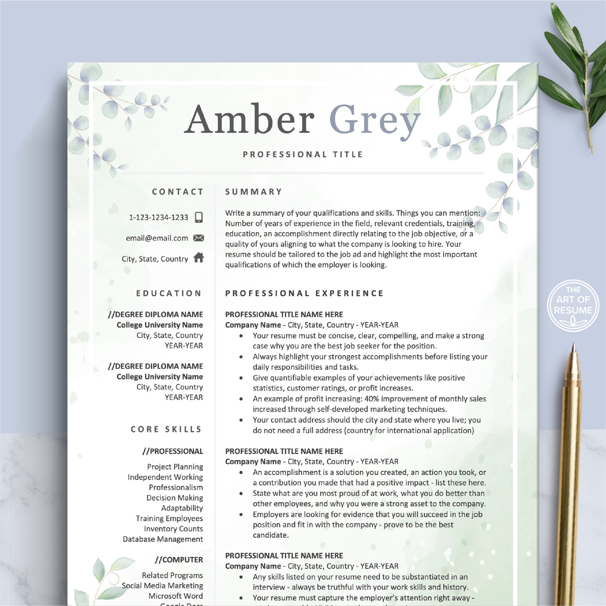 Creative CV Templates | Floral Resume | Elegant Resume Design – The Art ...