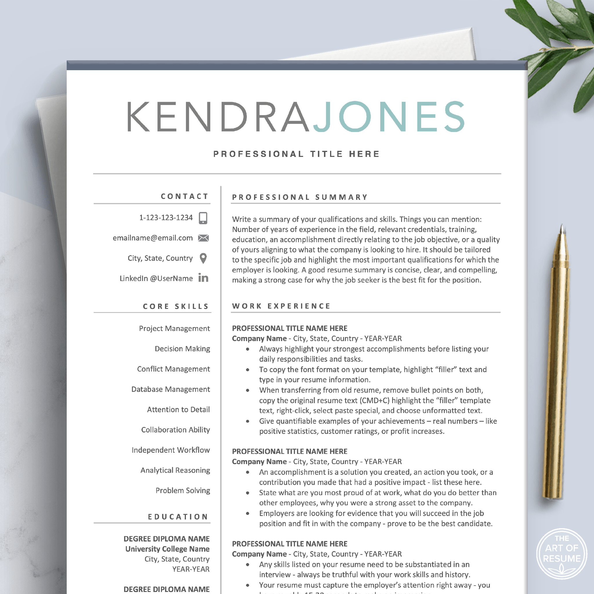 Creative Resume Template with Photo Insert - Professional CV – The Art ...