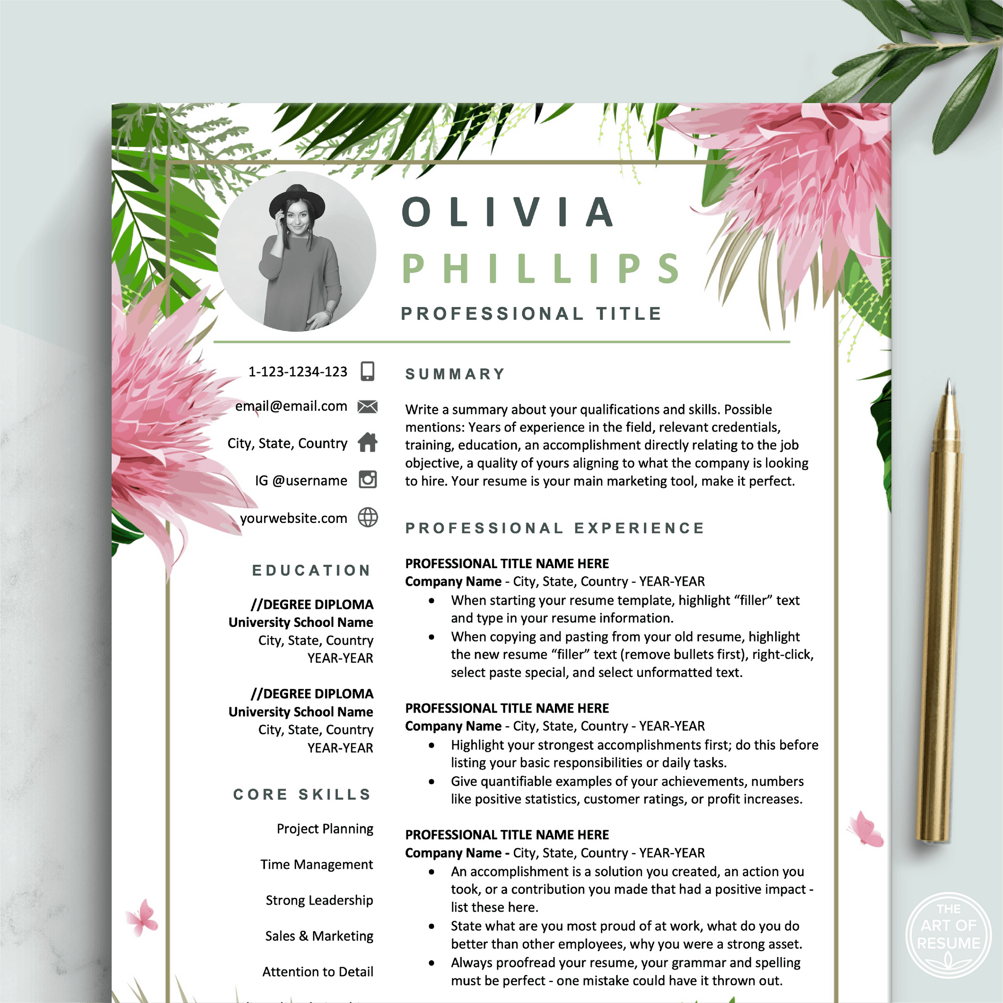 Floral Resume Template Builder | Creative CV with Cove Letter – The Art ...