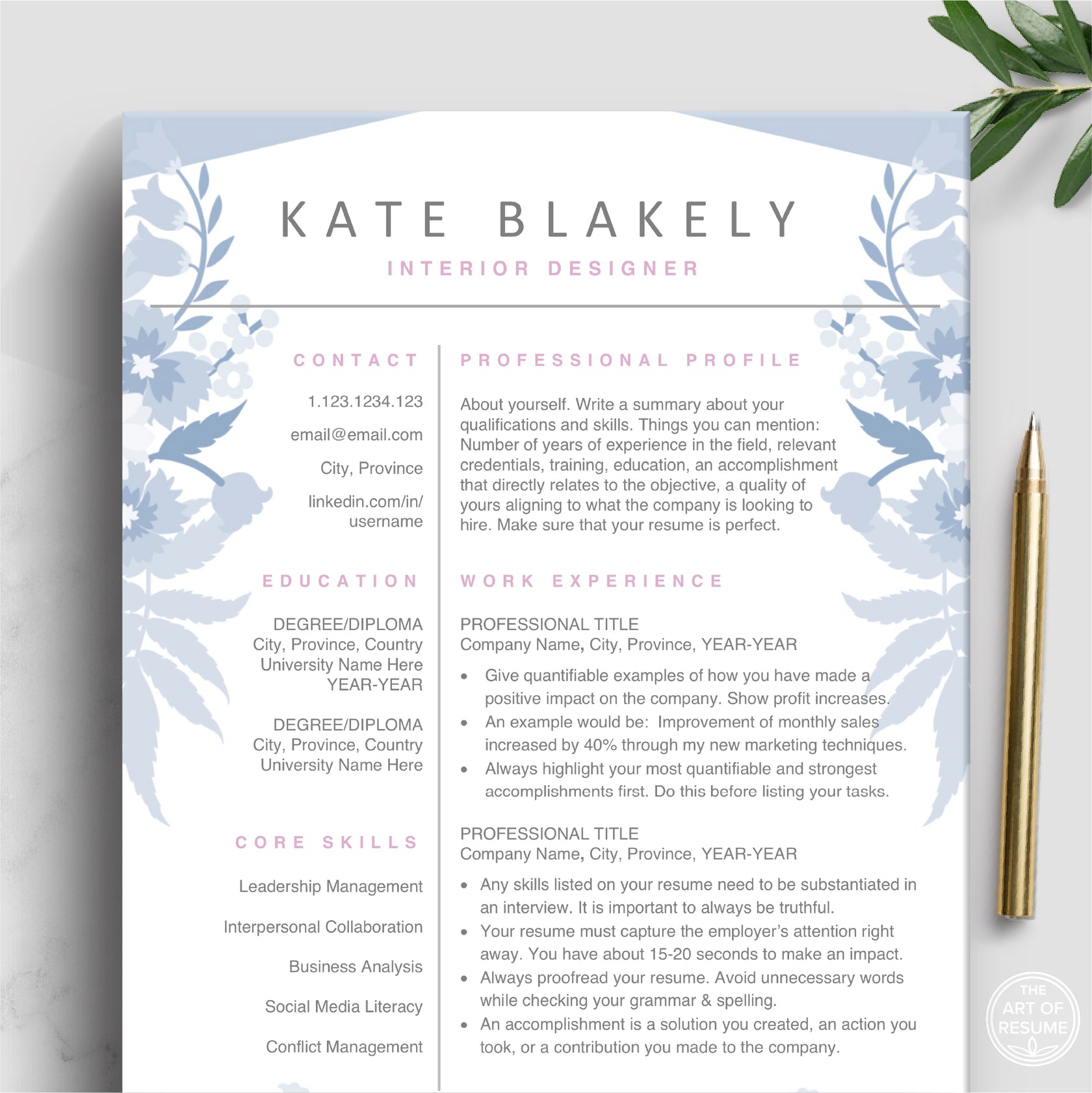 Blue Floral Resume Design | Light Blue Creative CV Template – The Art ...
