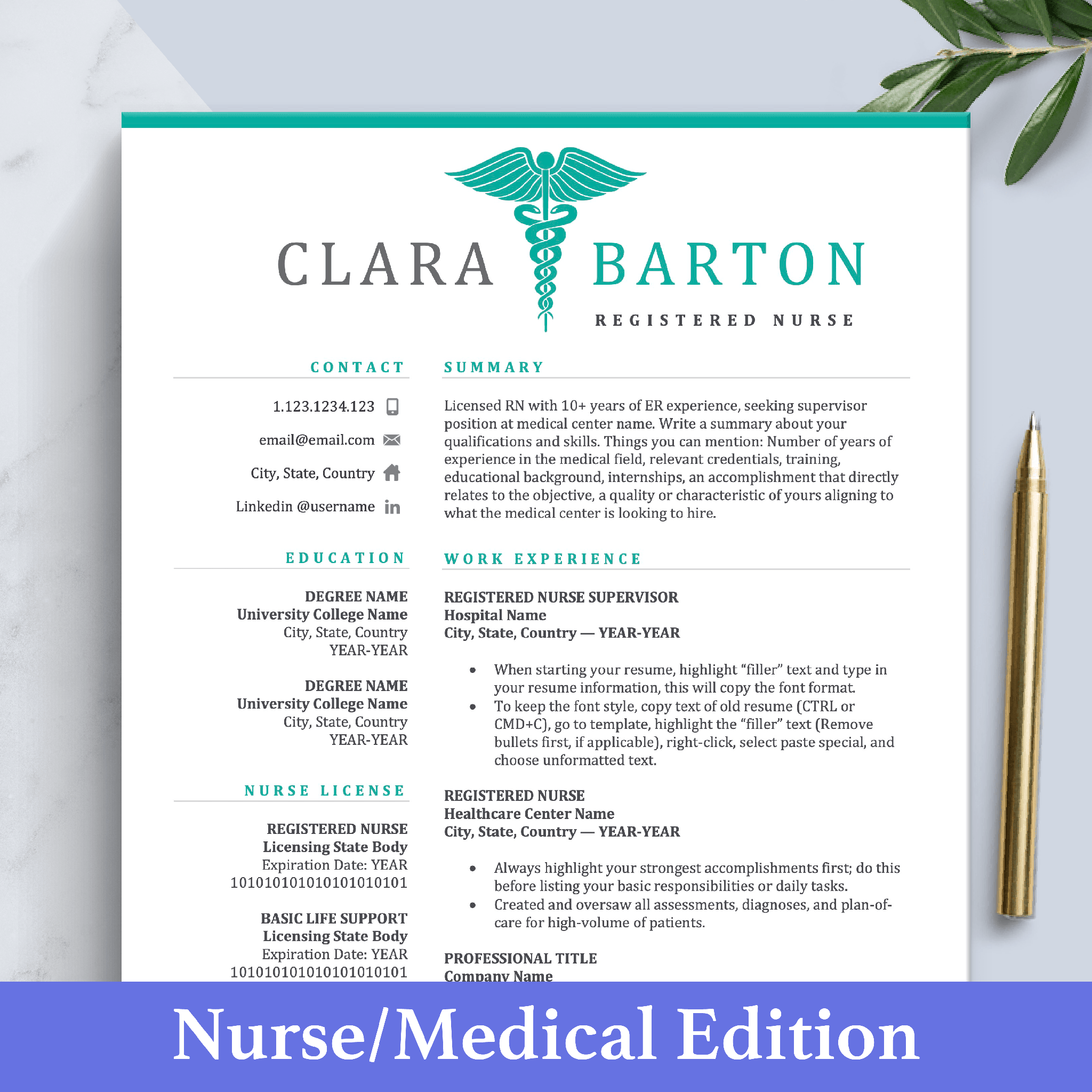 Nurse Resume Template | RN Nursing Resumes | Medical Doctor CV – The ...