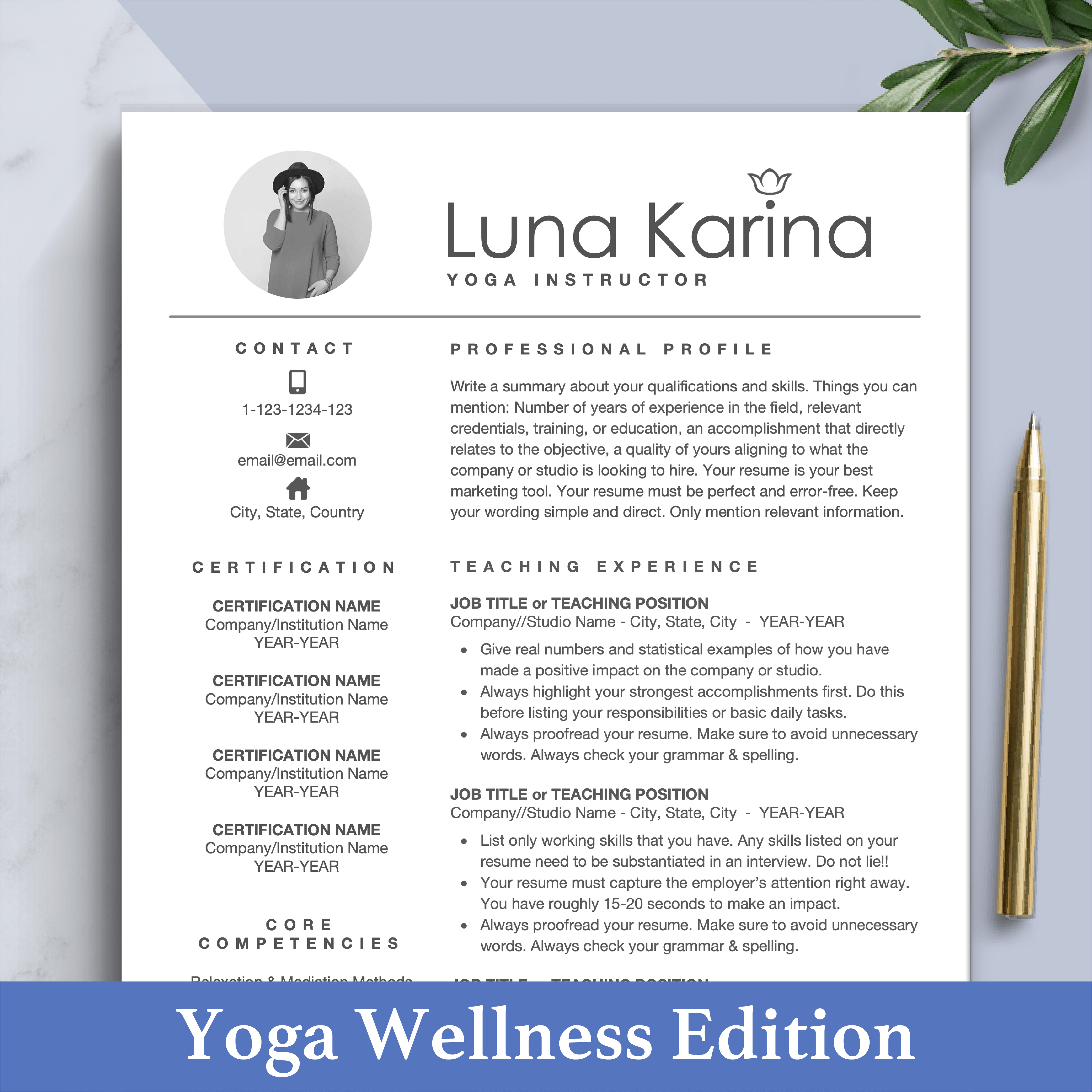 Yoga Resume Template, Yoga Instructor CV Template, Massage Therapist ...