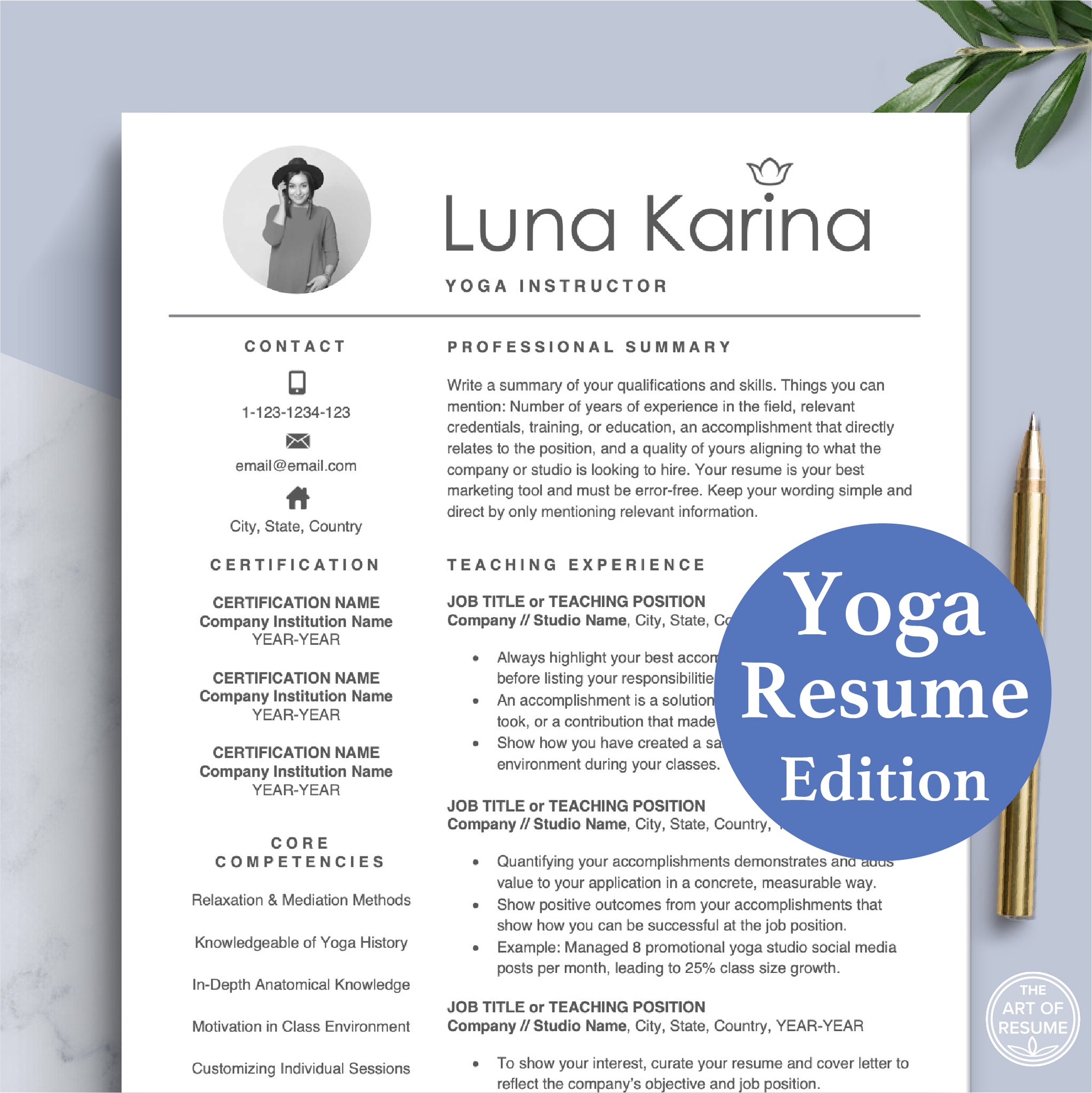 Yoga Resume Template, Yoga Instructor CV Template, Massage Therapist ...