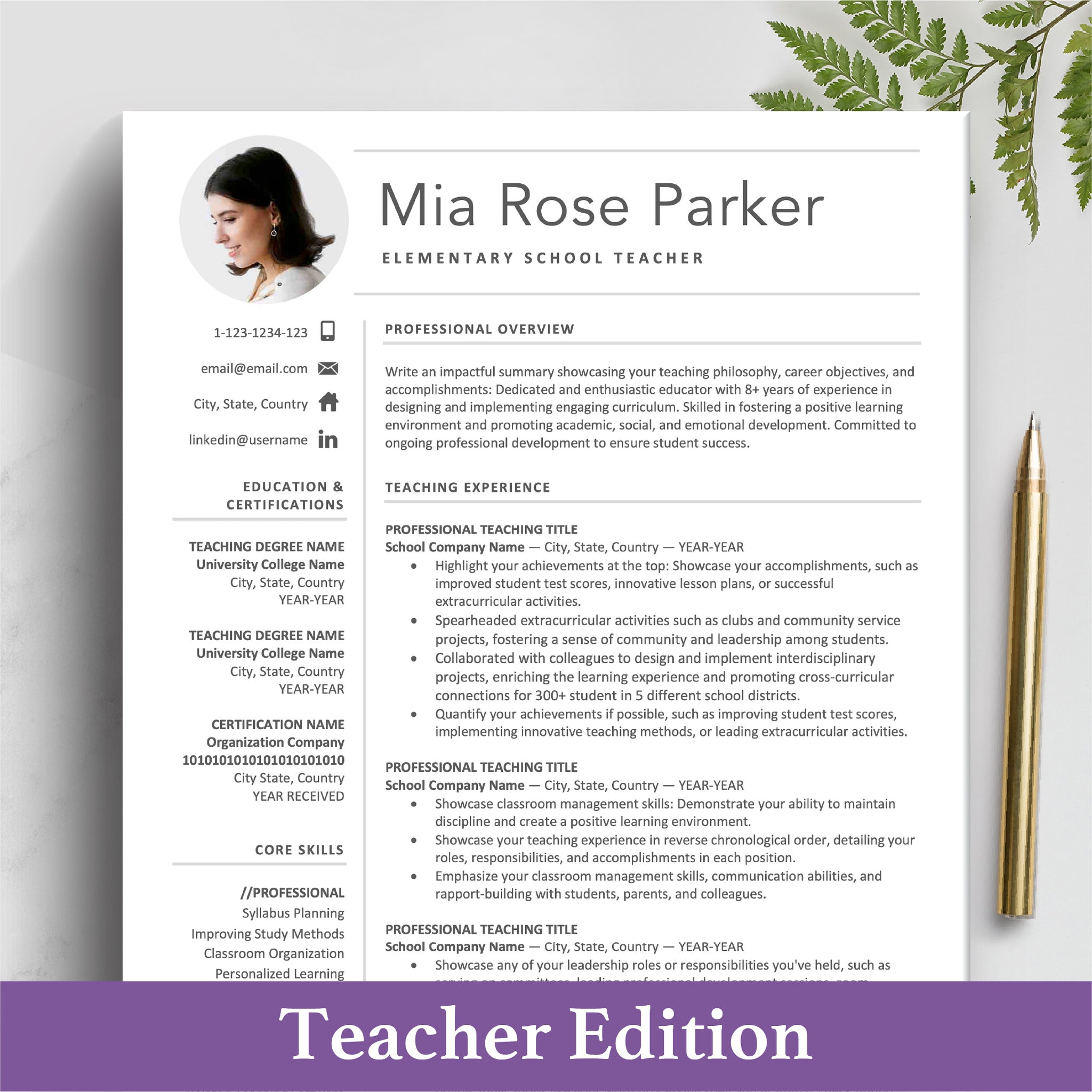 Teacher Resume with Photo | Educator CV Templates | Teaching Resume Pi ...
