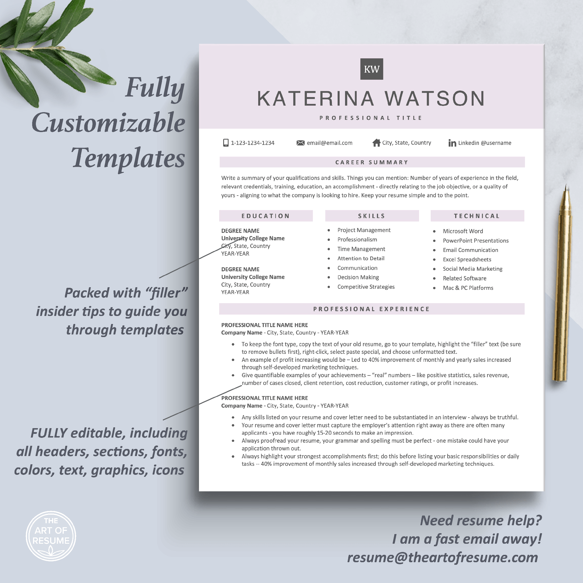 Professional Resume Design | Pink Resume Template | Modern CV – The Art ...