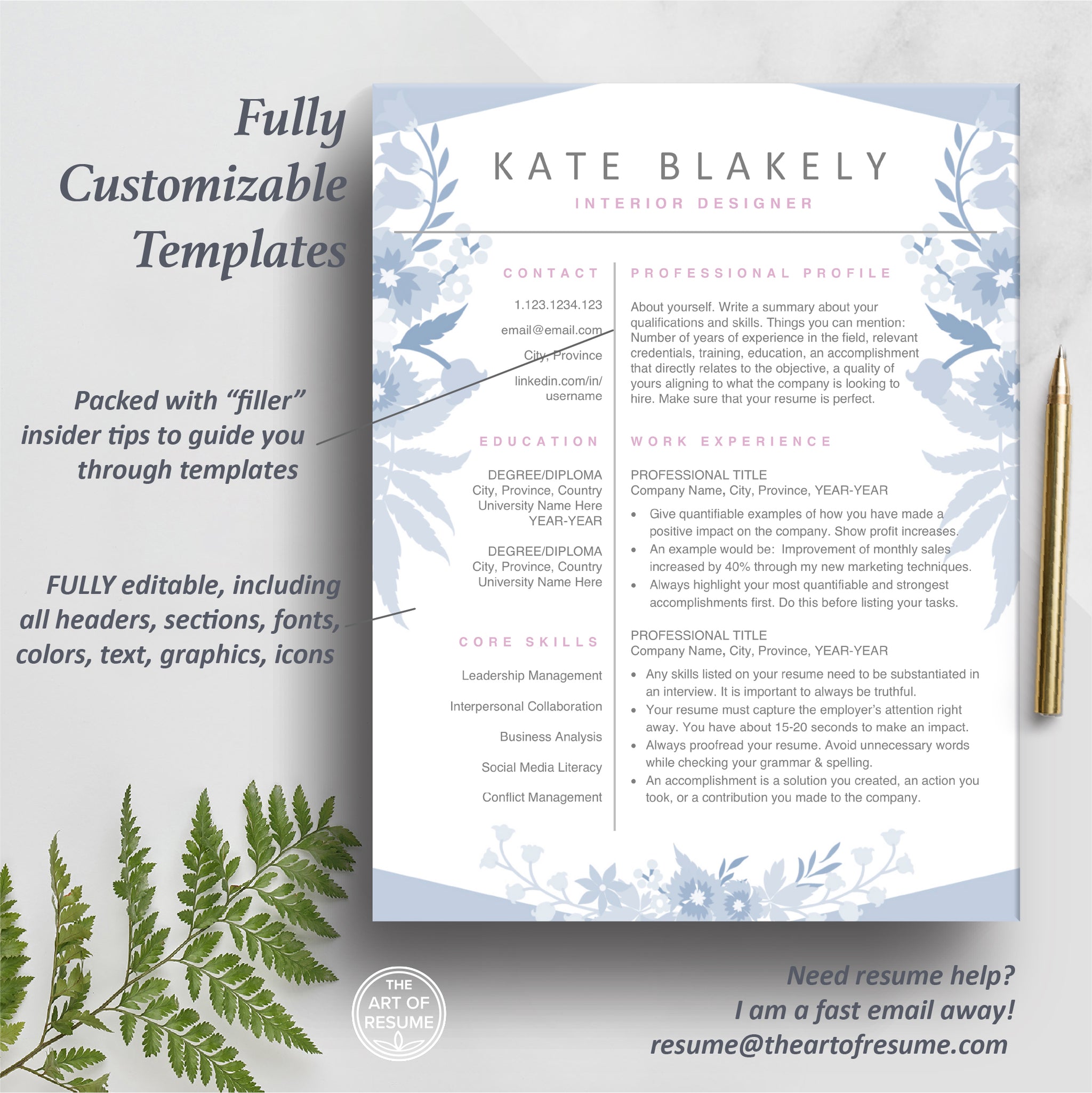 Blue Floral Resume Design | Light Blue Creative CV Template – The Art ...