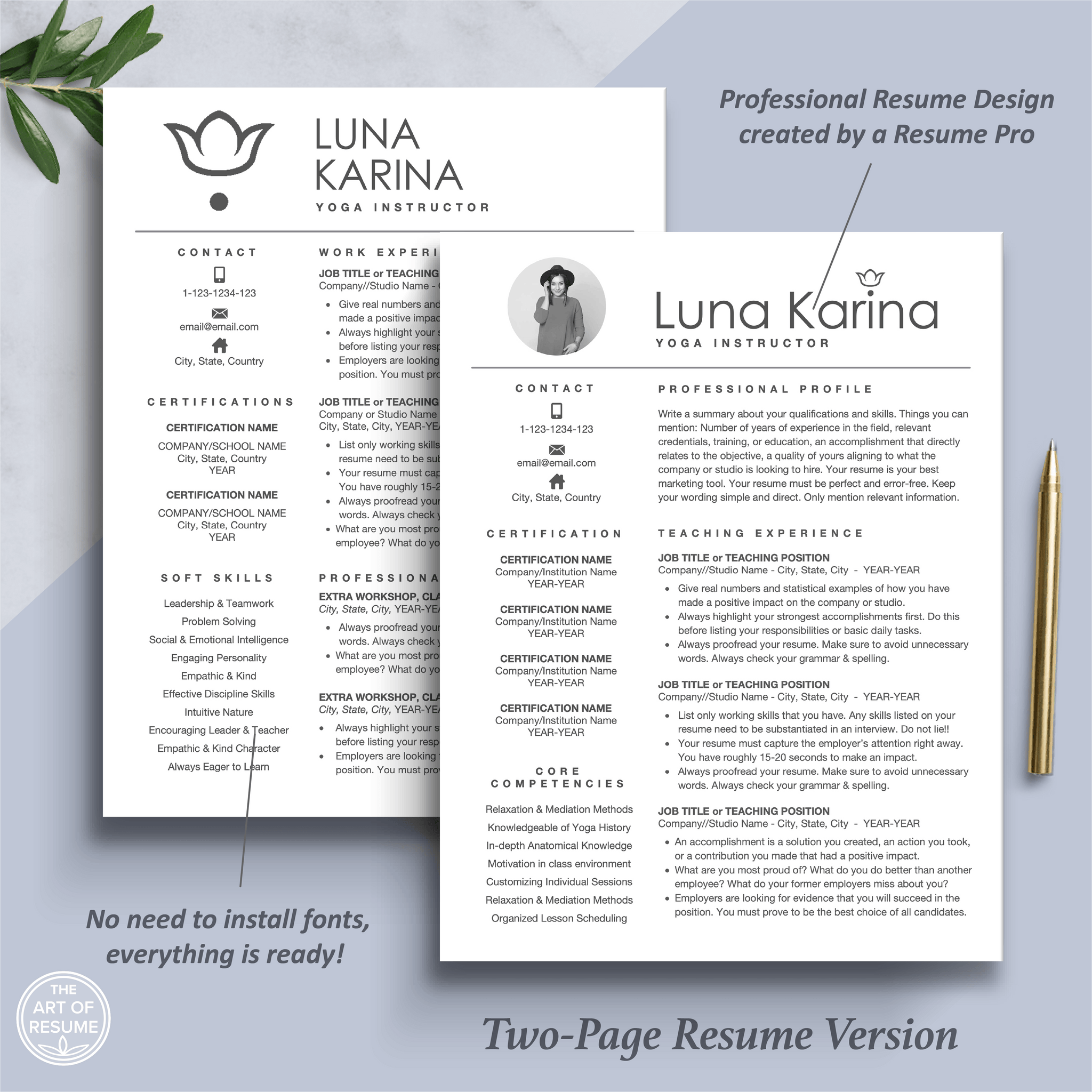 Yoga Resume Template, Yoga Instructor CV Template, Massage Therapist ...