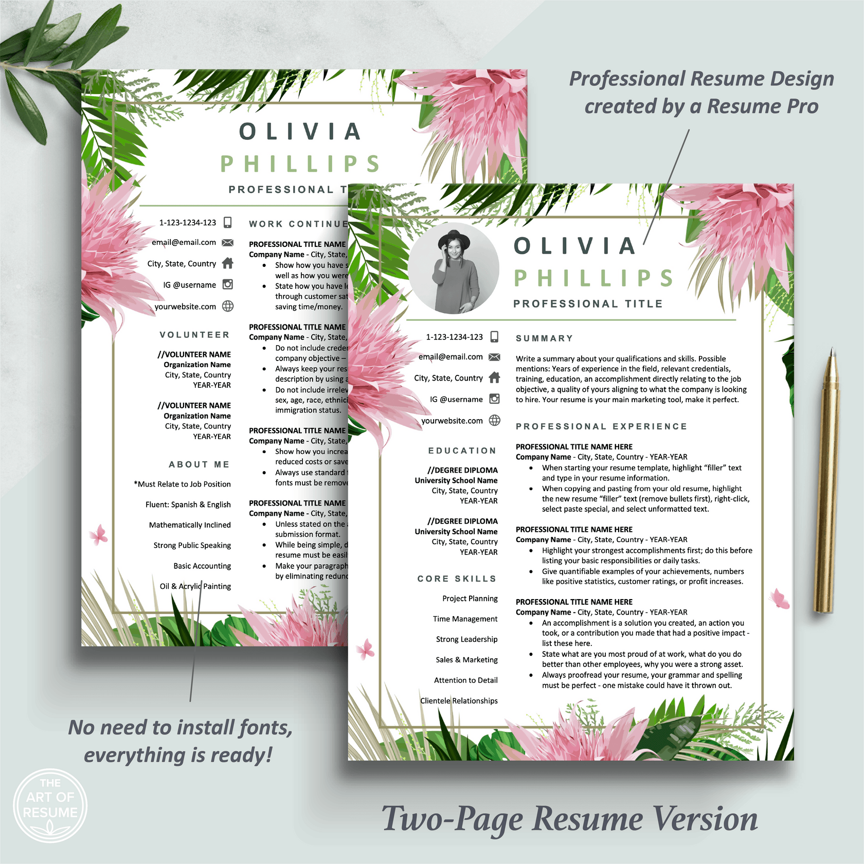 Floral Resume Template Builder | Creative CV with Cove Letter – The Art ...