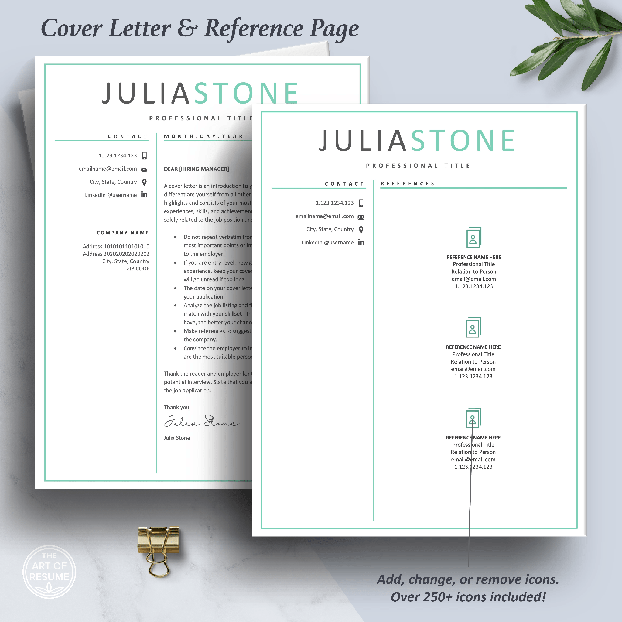 Free Resume Templates | Teal Resume Design with Cover Letter – The Art ...
